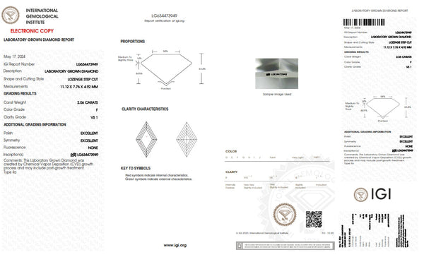 2.06ct | F/VS1 Lozenge Shape Step Cut Lab Diamond (IGI) - LITHOS Diamond