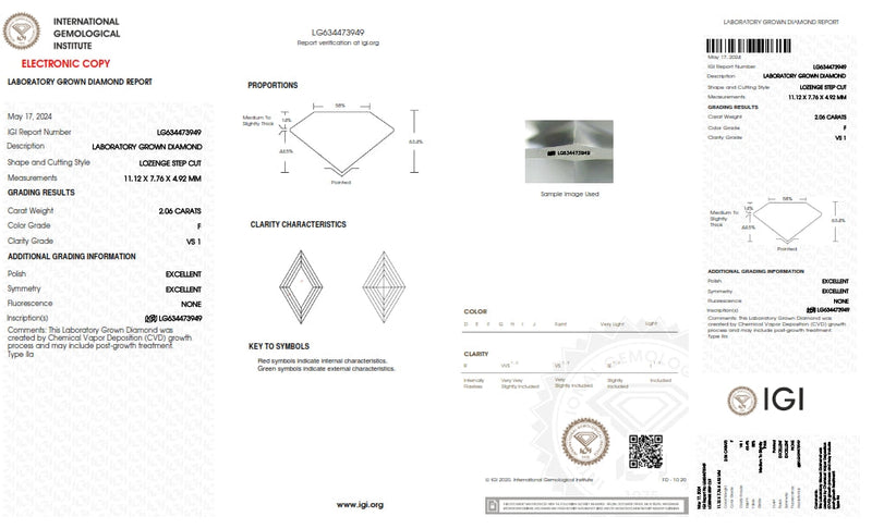 2.06ct | F/VS1 Lozenge Shape Step Cut Lab Diamond (IGI) - LITHOS Diamond